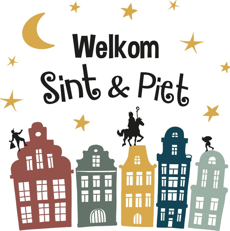 Raamsticker Welkom Sint en Piet met vrolijke Grachtenpandjes erop